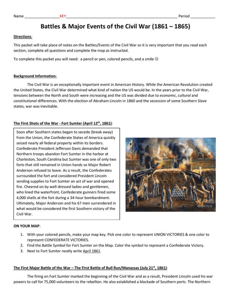 Civil War Battles & Events Worksheet (1861-1865)