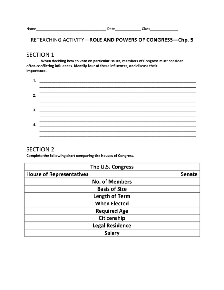 Congress: Role & Powers Activity Sheet - High School Civics