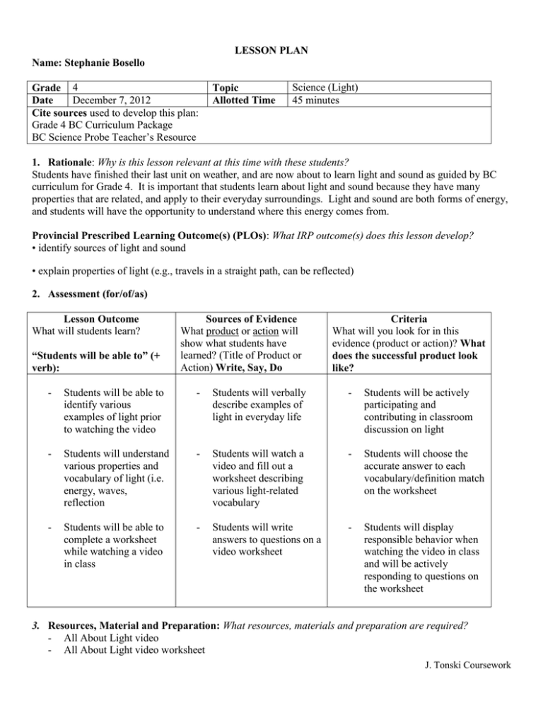 Grade 4 Science: Light Lesson Plan