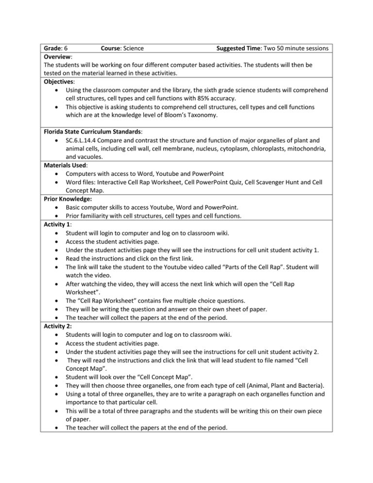 Cell Unit Lesson Plan