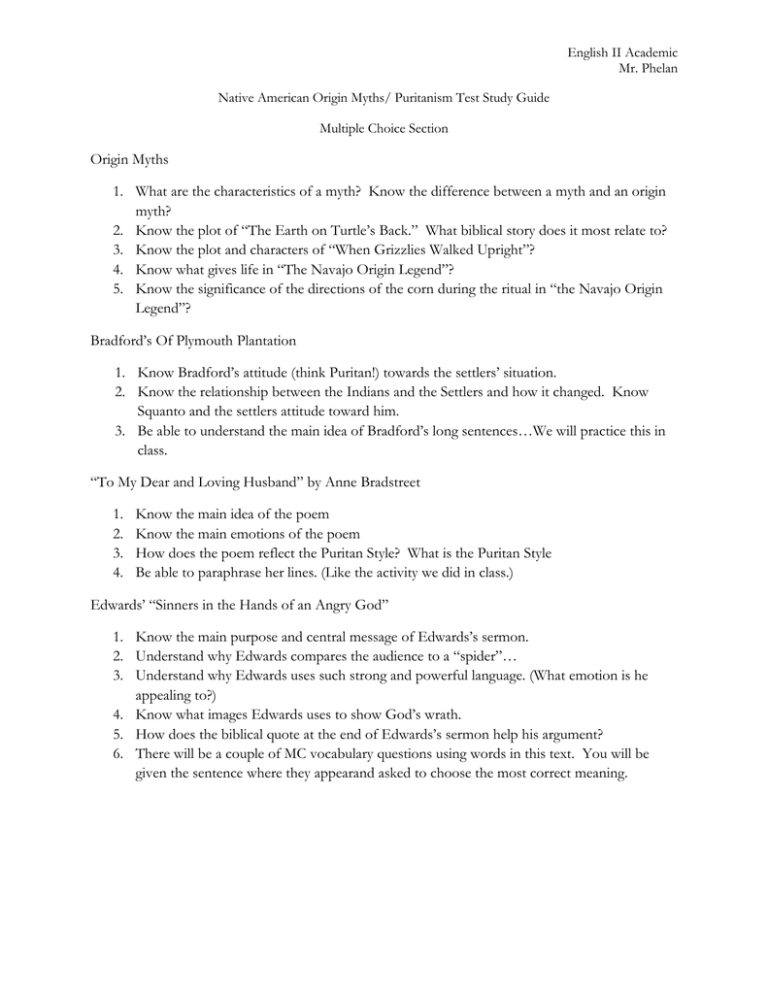 English II Academic Mr. Phelan Native American Origin Myths