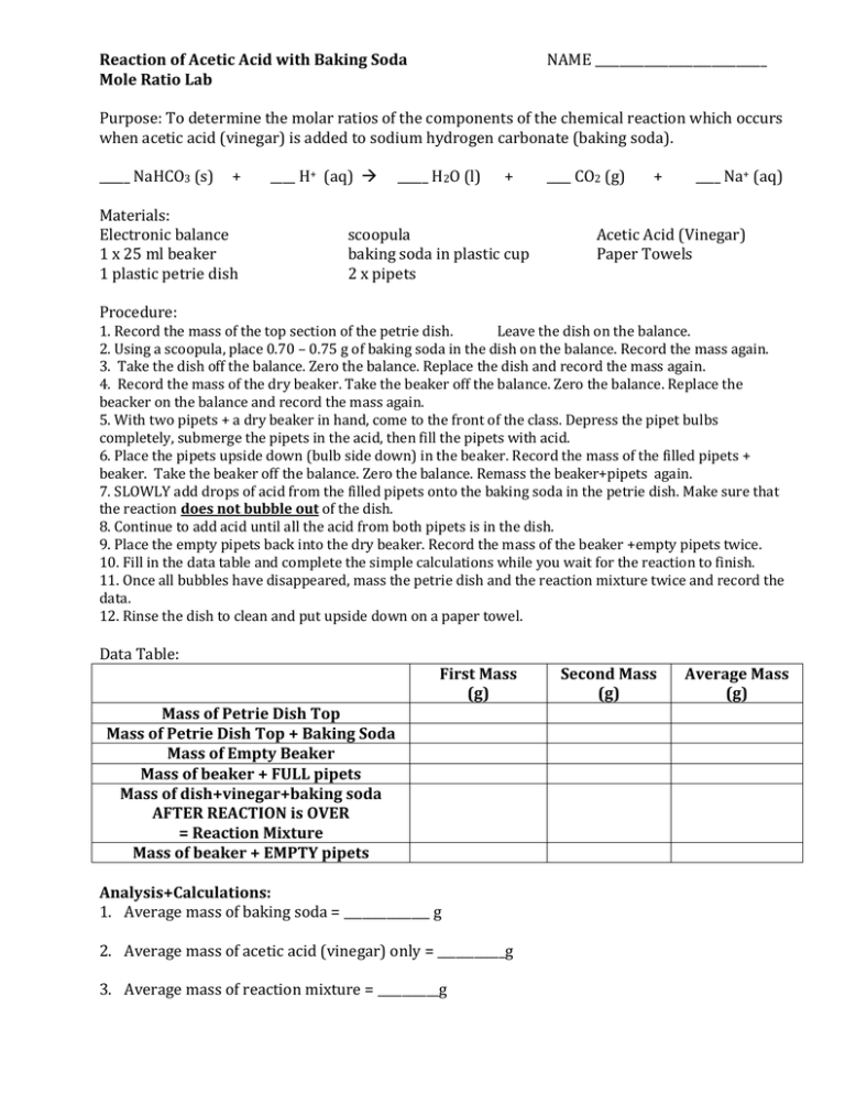 Acetic Acid & Baking Soda Mole Ratio Lab Worksheet