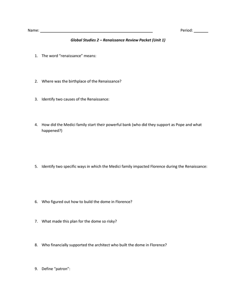 Renaissance Review Packet: Global Studies 2