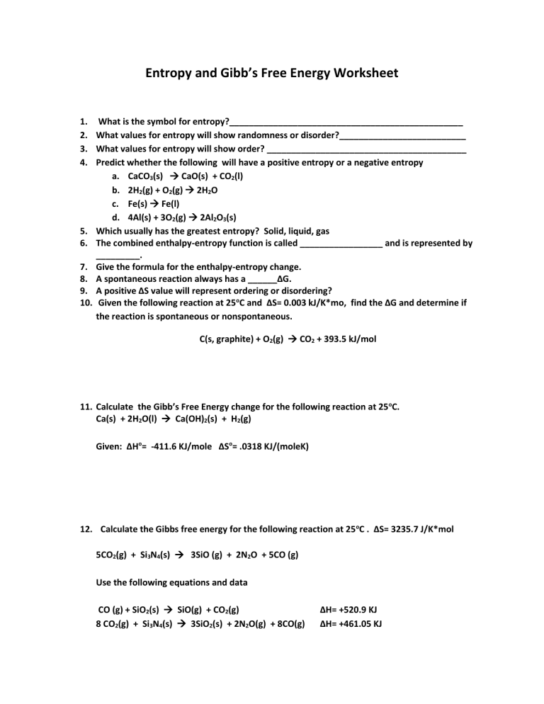 Entropy and Gibbs Free Energy Worksheet