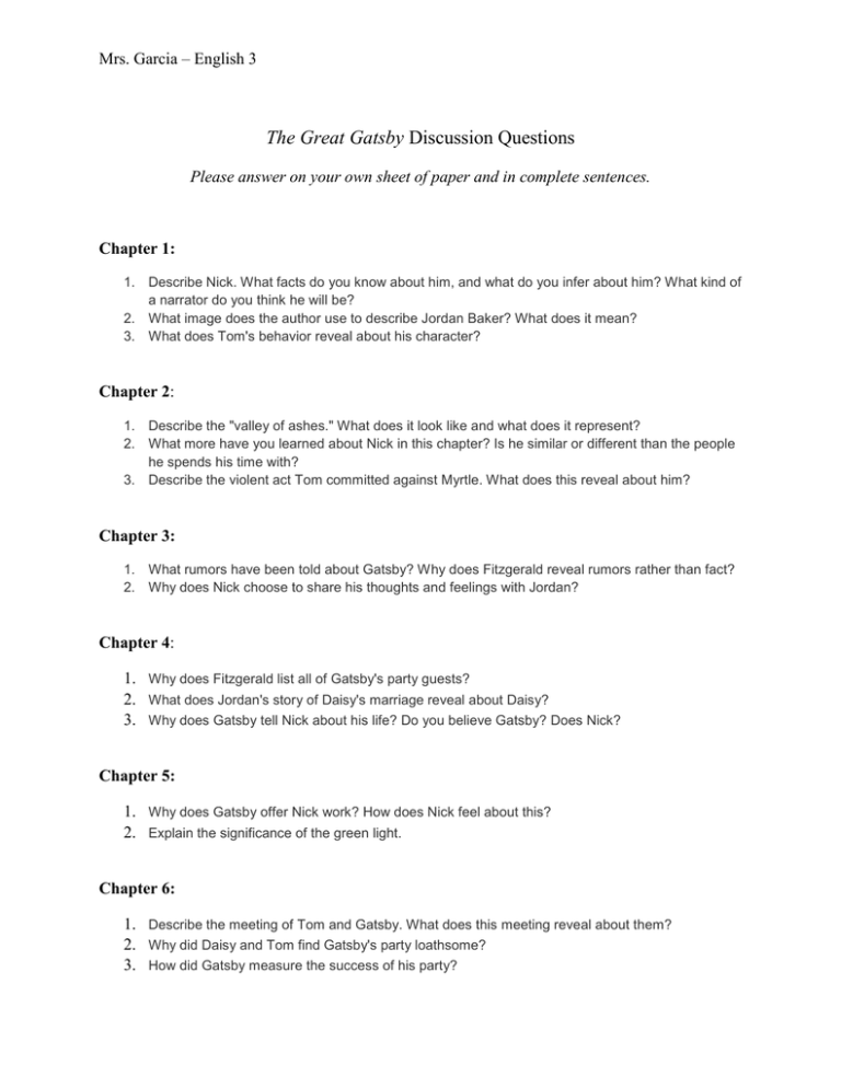The Great Gatsby Discussion Questions