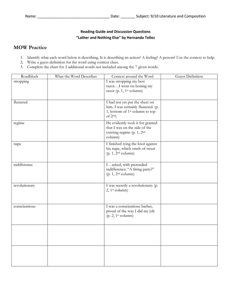"Lather and Nothing Else" Reading Guide