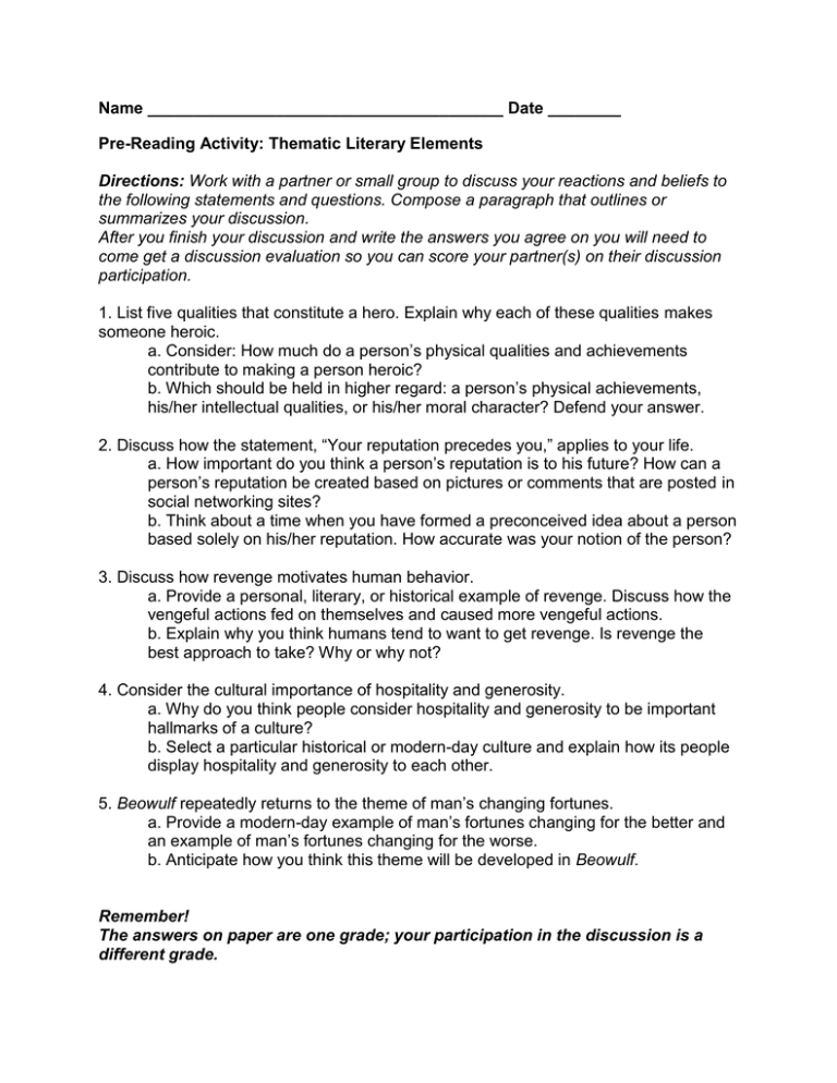 Beowulf Pre-Reading Activity: Thematic Elements