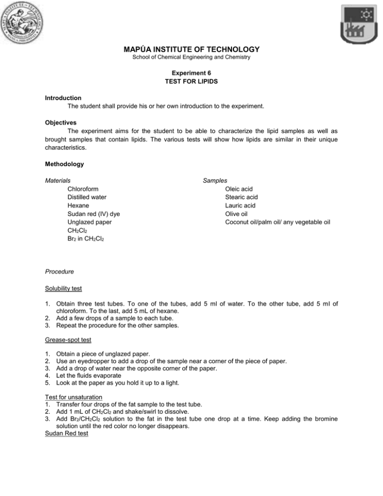 Lipid Tests Lab Manual: Solubility, Unsaturation, Sudan Red