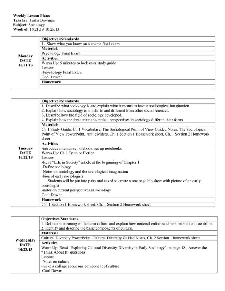 Sociology Lesson Plans: Week of 10.21.13-10.25.13