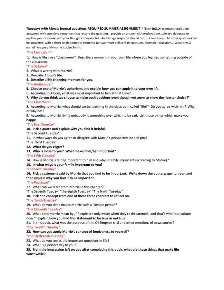Tuesdays With Morrie Journal Questions