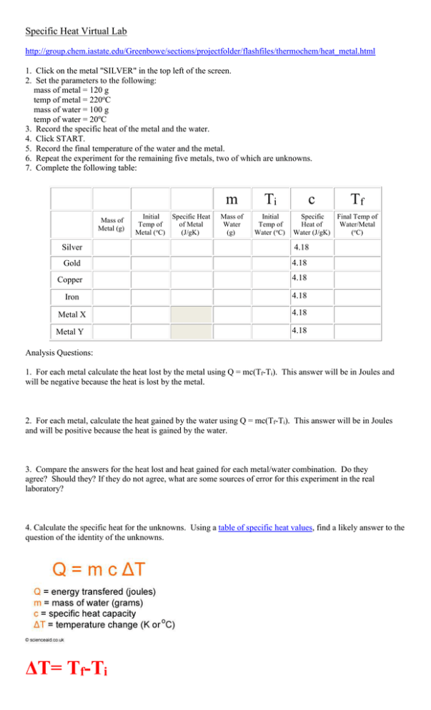Specific Heat Virtual Lab