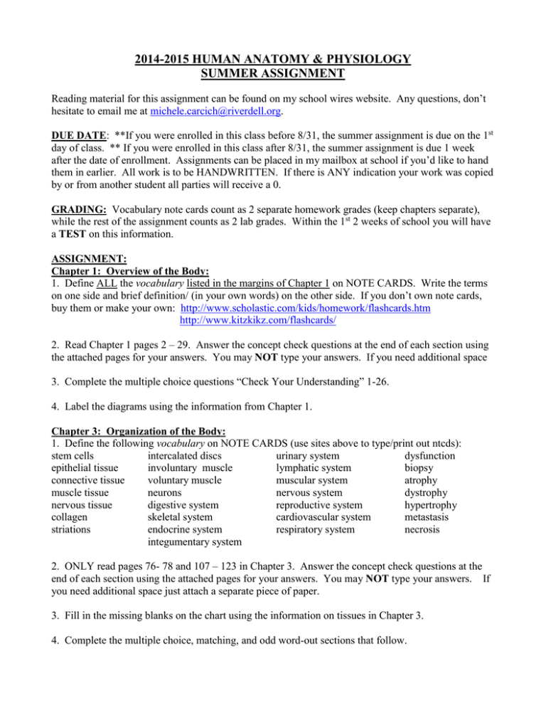 Human Anatomy & Physiology Summer Assignment