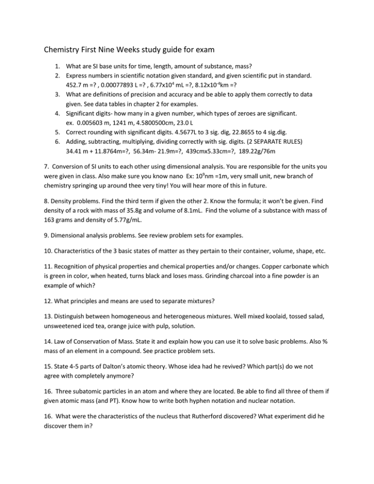 Chemistry Study Guide: First Nine Weeks Exam Prep