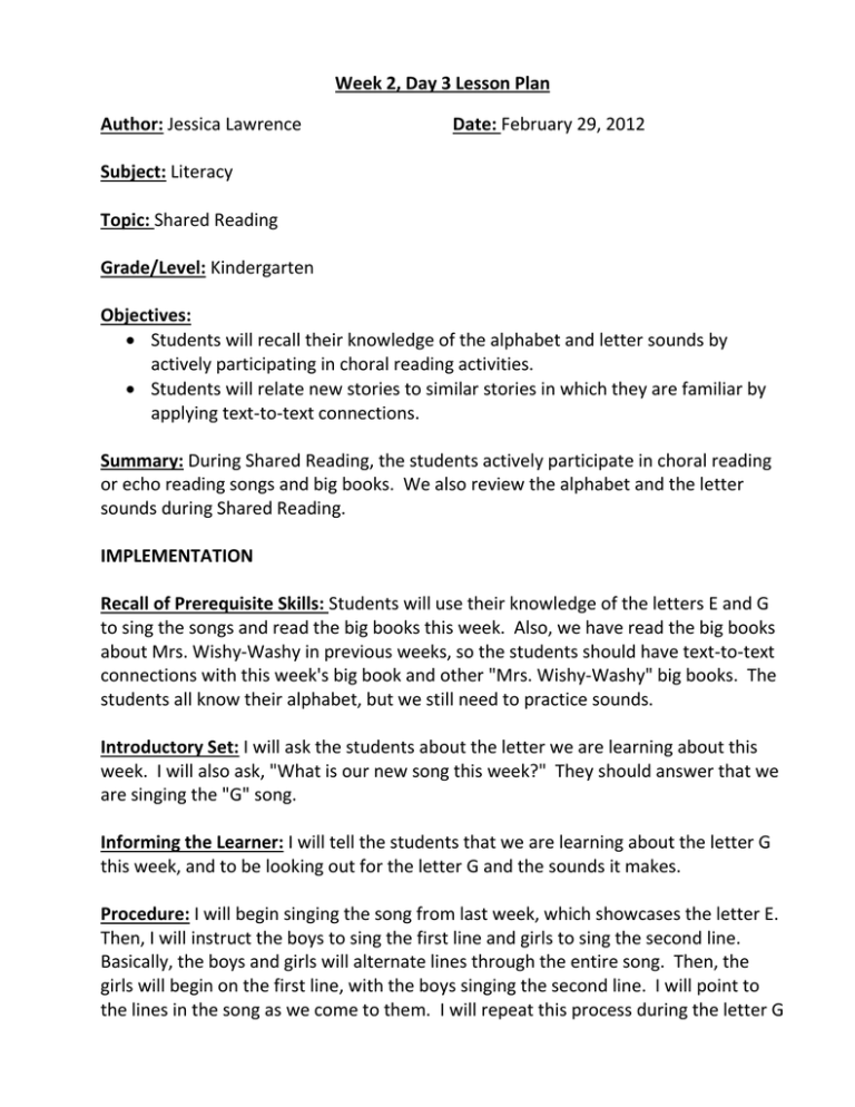 Kindergarten Shared Reading Lesson Plan: Letters E & G