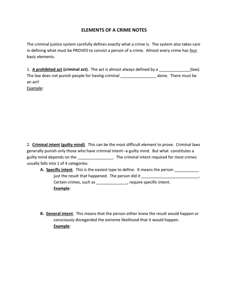 Ch. 4 Elements of a Crime Notes Workisheet