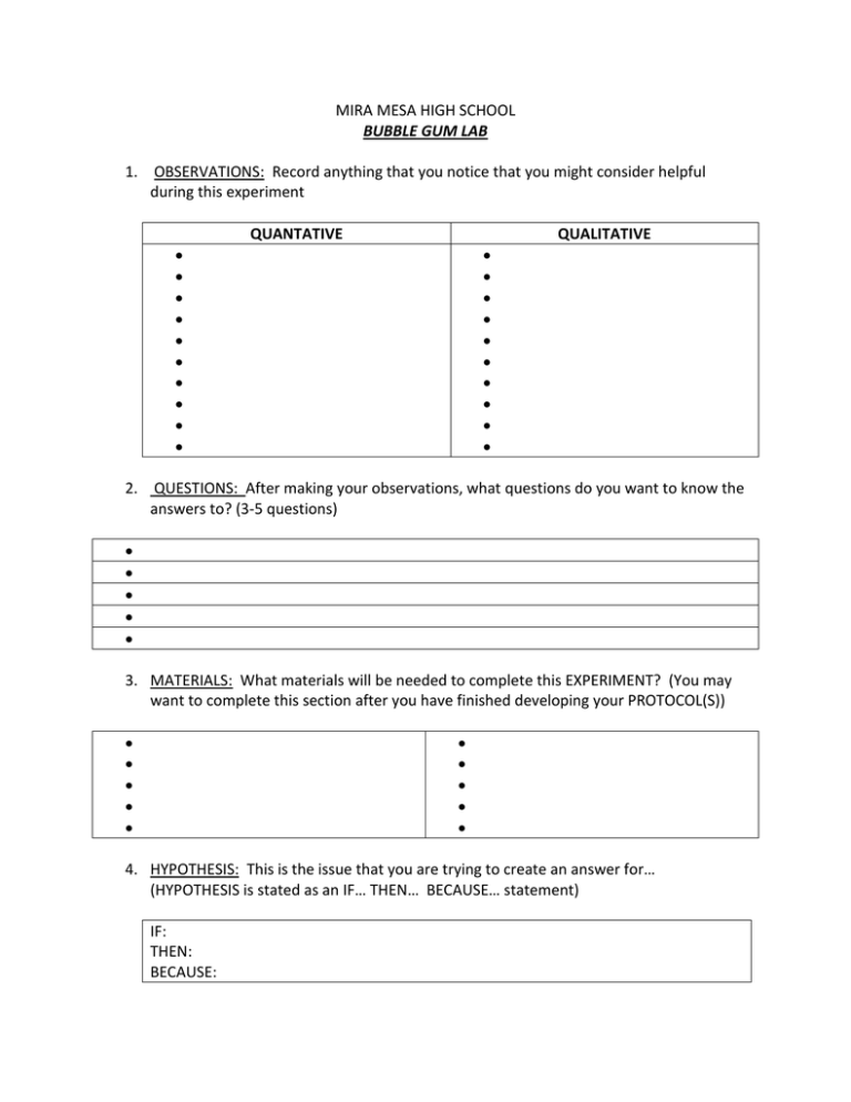 Bubble Gum Lab Report Template - High School Science