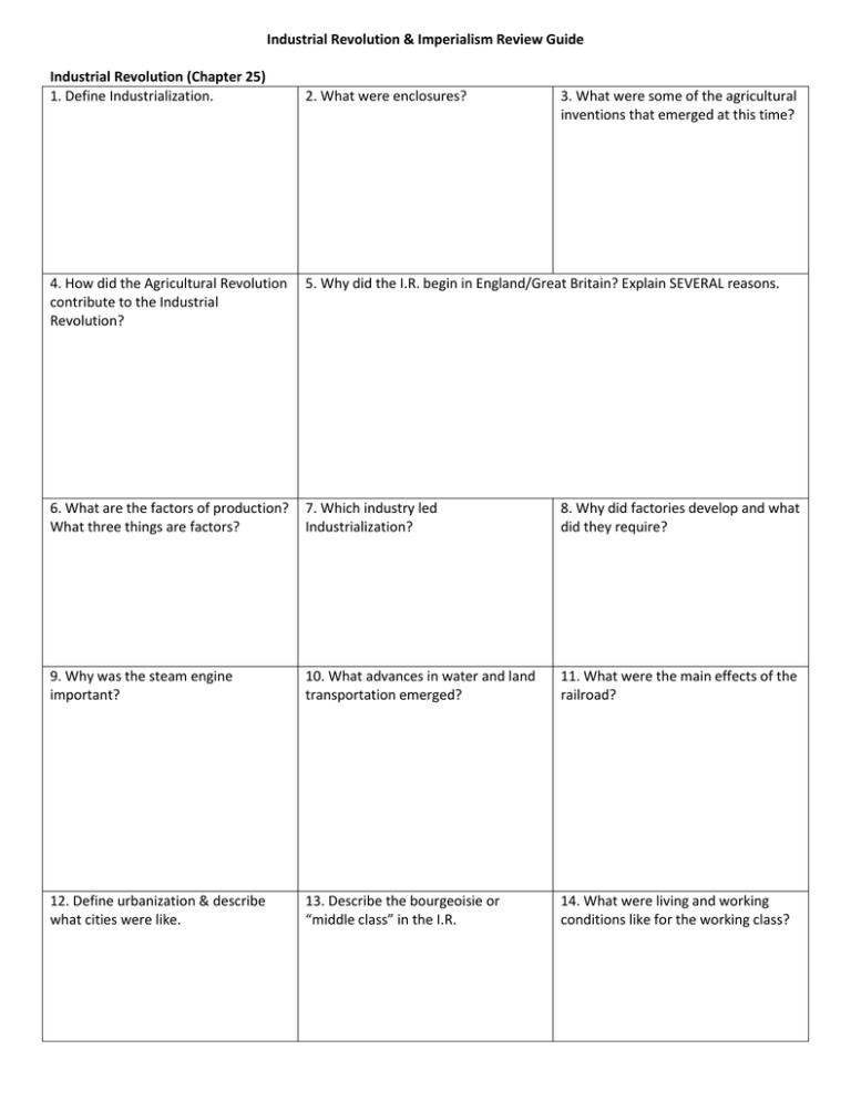 Industrial Revolution & Imperialism Review Guide Industrial