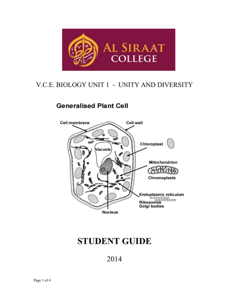 VCE Biology Unit 1 Student Guide: Cells & Diversity