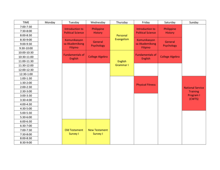 TIME Monday Tuesday Wednesday Thursday Friday Saturday