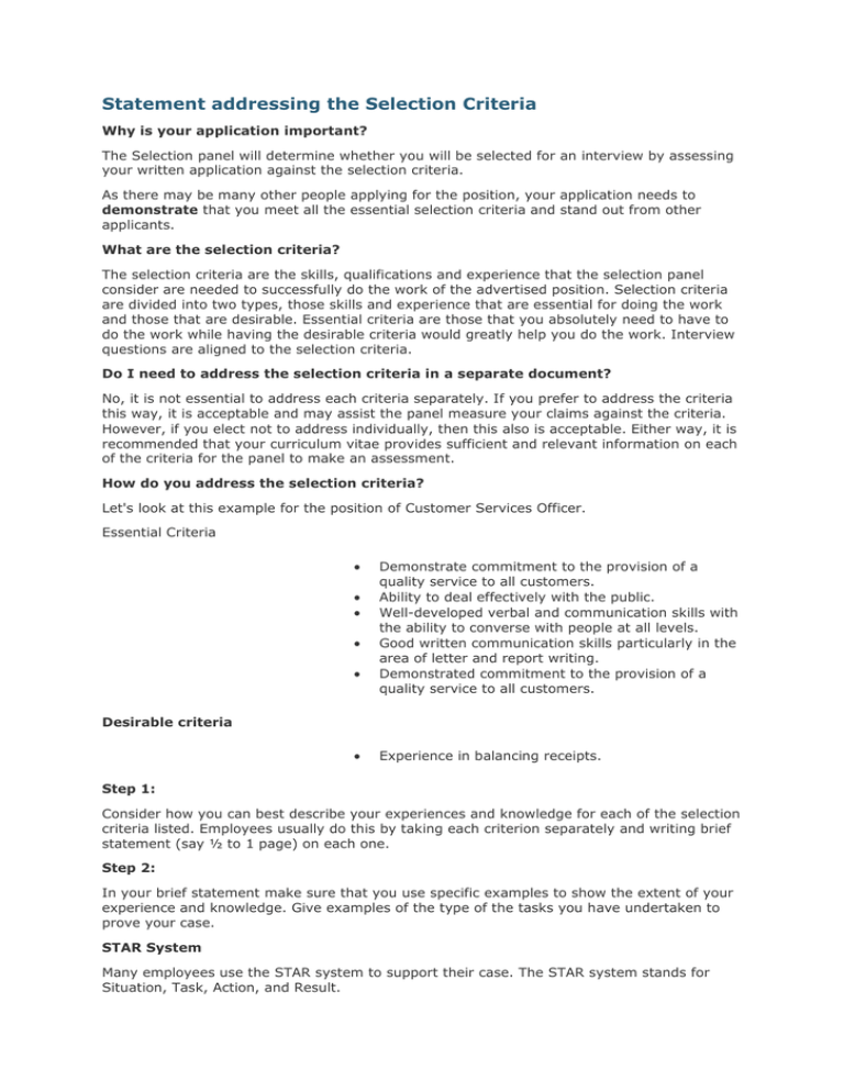 Statement Addressing The Selection Criteria Why Is Your Application statement-addressing-the-selection-criteria-why-is-your-application