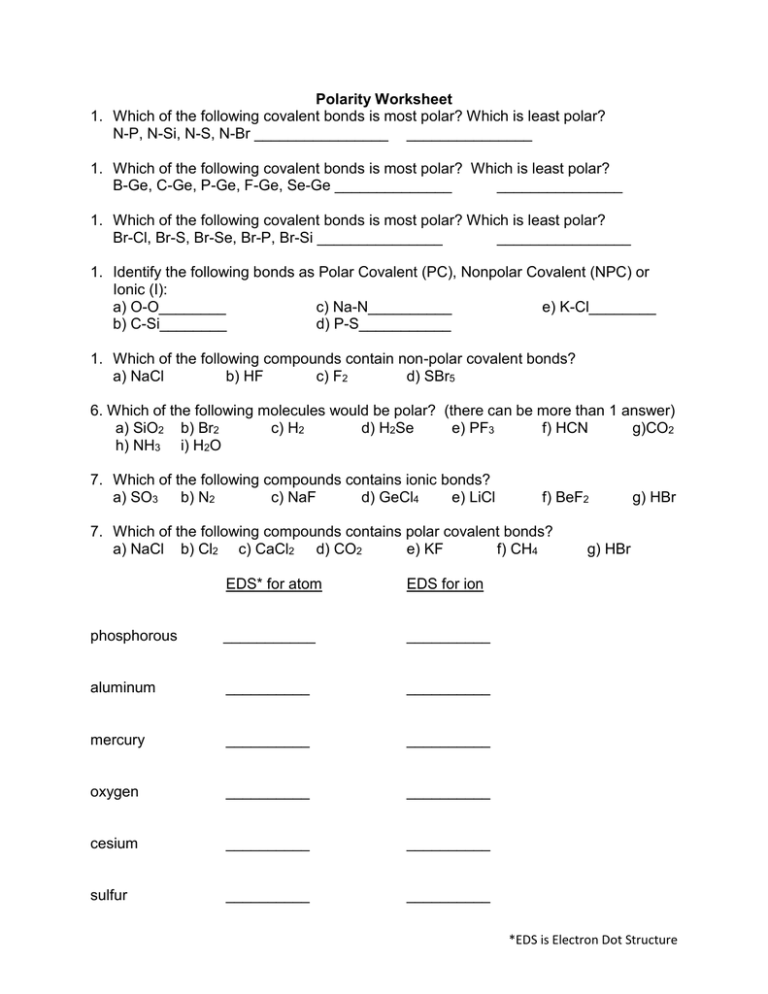 Polarity Worksheet: Chemical Bonding & Structure