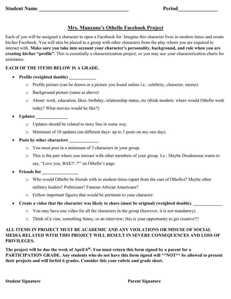 Othello Facebook Project Rubric - High School English