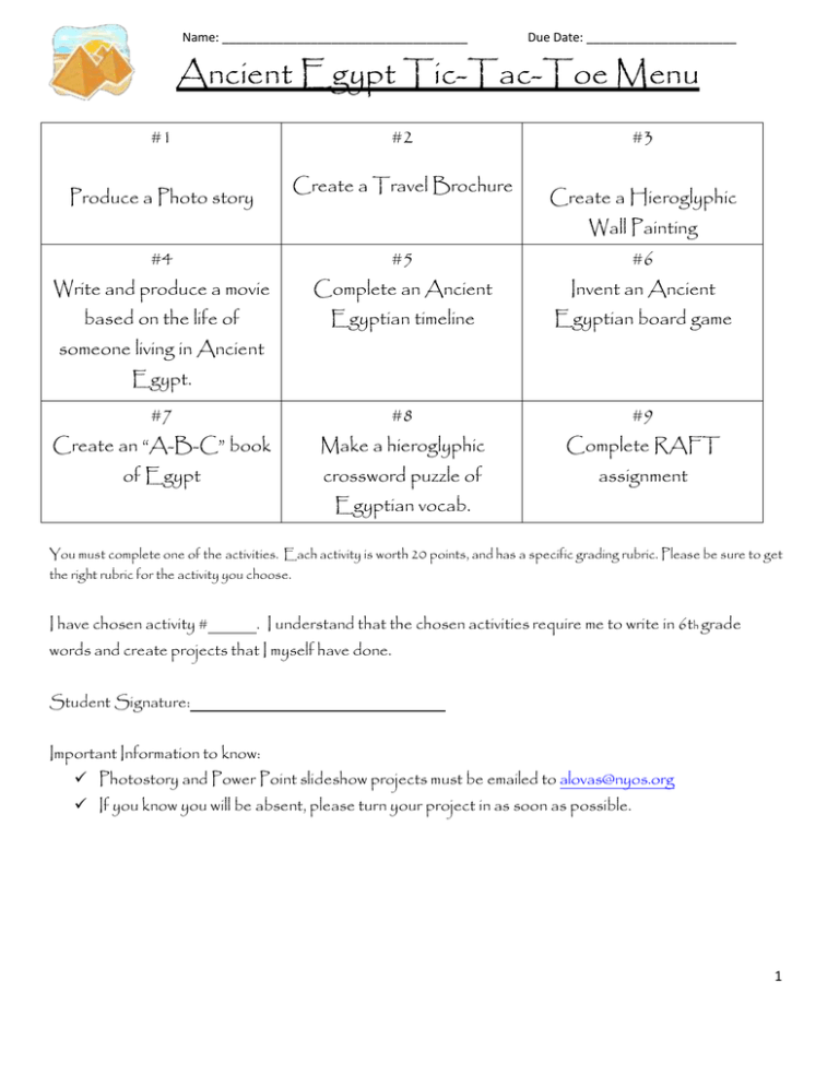 Ancient Egypt Tic-Tac-Toe Worksheet for Middle School