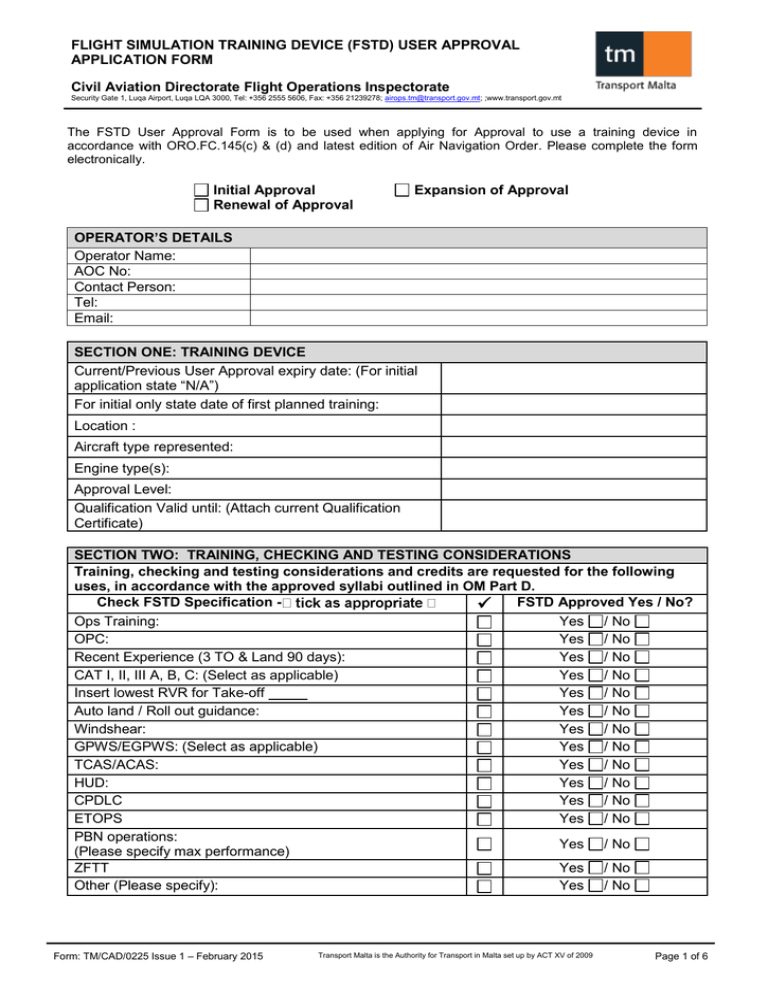 FSTD User Approval Application Form - Transport Malta