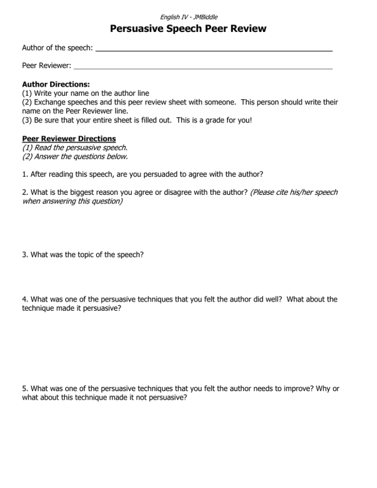 Persuasive Speech Peer Review Worksheet - English IV