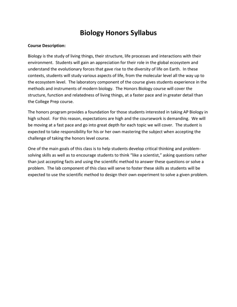 Syllabus - Bio Honors