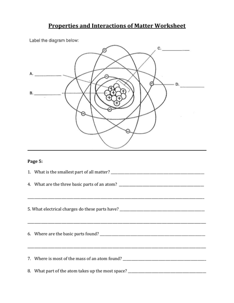 Matter Properties Worksheet: Atoms, Elements, Periodic Table