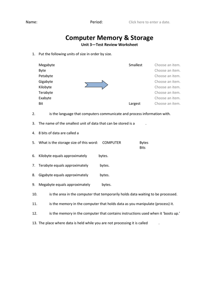 Computer Memory & Storage Test Review Worksheet