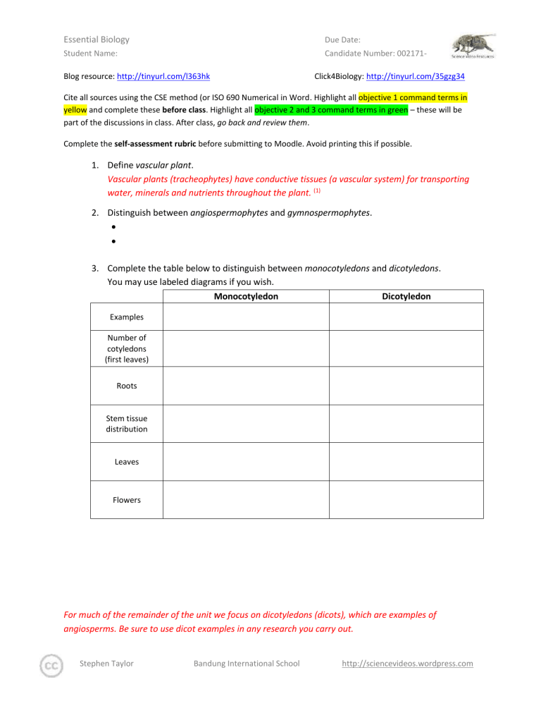 Essential Biology: Vascular Plants & Reproduction Worksheet
