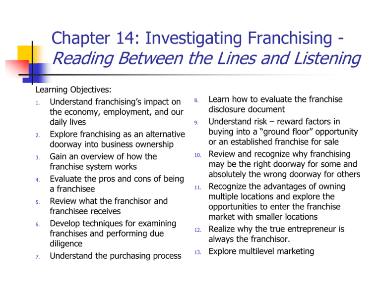 Chapter 14 Investigating Franchises And Franchising Reading