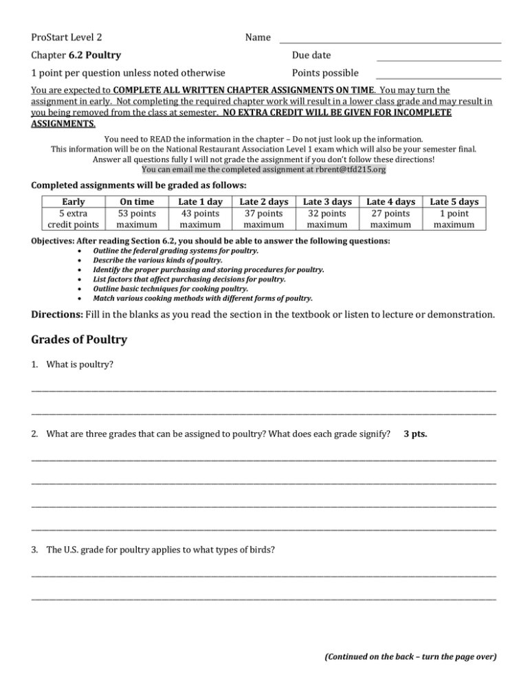 ProStart Level 2: Poultry Worksheet - Chapter 6.2