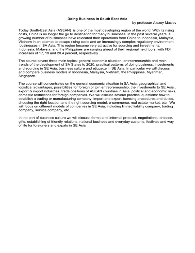 Doing Business in South East Asia by professor Alexey Maslov