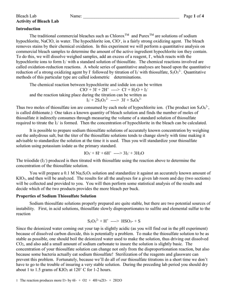 Bleach Lab: Hypochlorite Determination Experiment