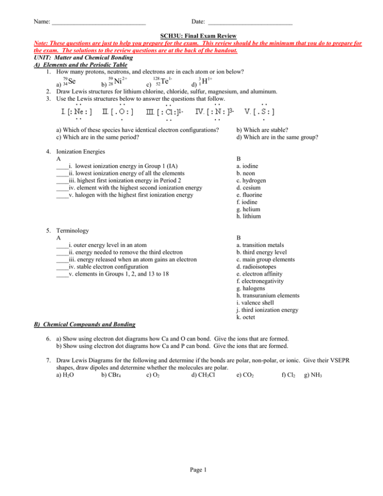 SCH3U Chemistry Final Exam Review: Matter, Bonding, Solutions