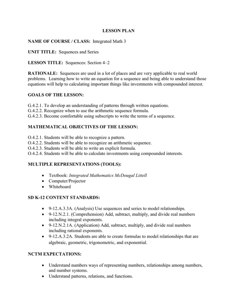 Sequences and Series Lesson Plan: Integrated Math 3