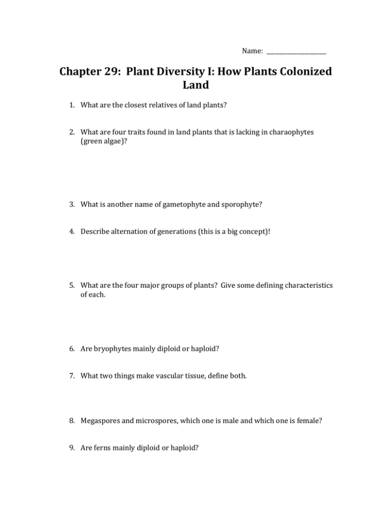 Plant Diversity Worksheet: Colonizing Land