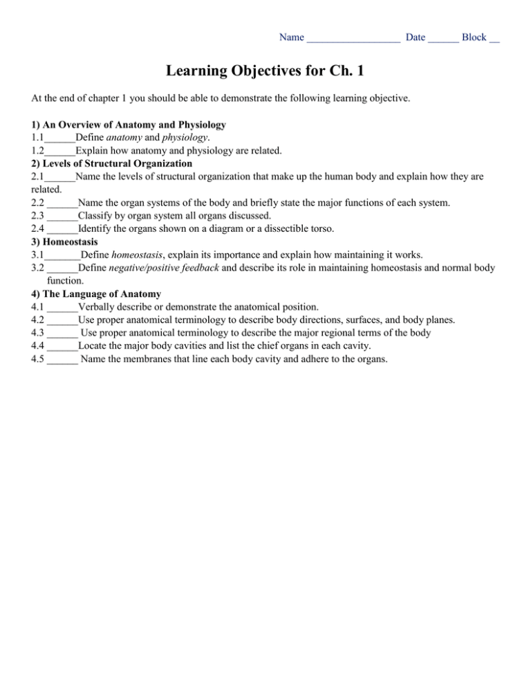Anatomy & Physiology Chapter 1 Learning Objectives