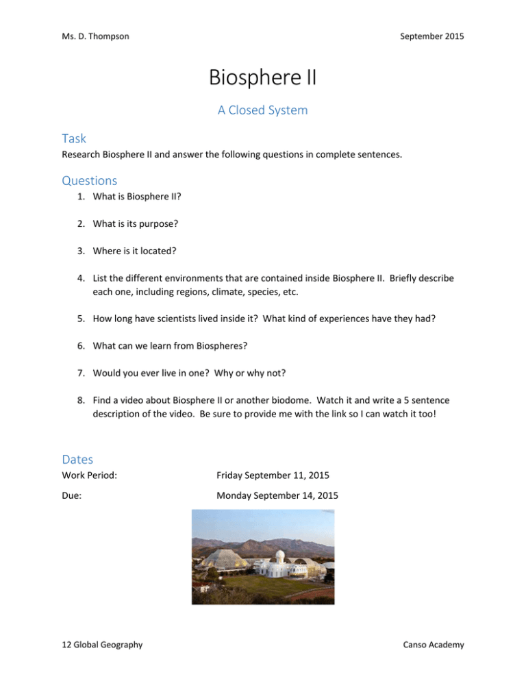 Biosphere II Worksheet: Geography Research Project