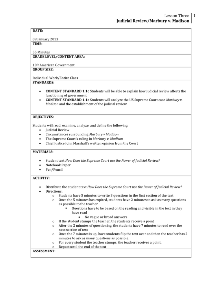 Judicial Review: Marbury v. Madison Lesson Plan