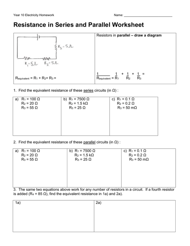 Electricity: Series & Parallel Resistance Worksheet