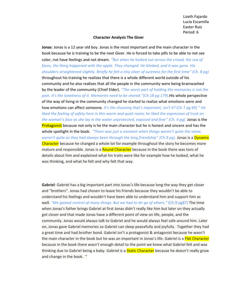 Character Analysis The Giver