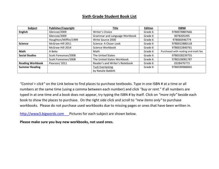 Sixth Grade Student Book List