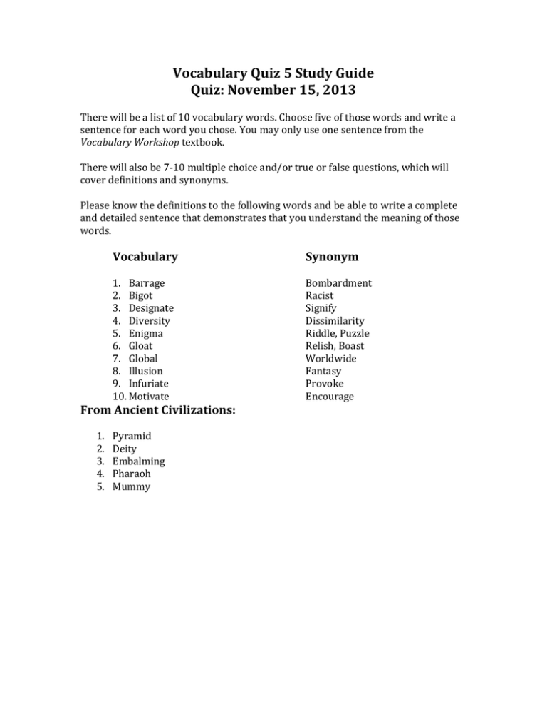 Vocabulary Quiz 5 Study Guide