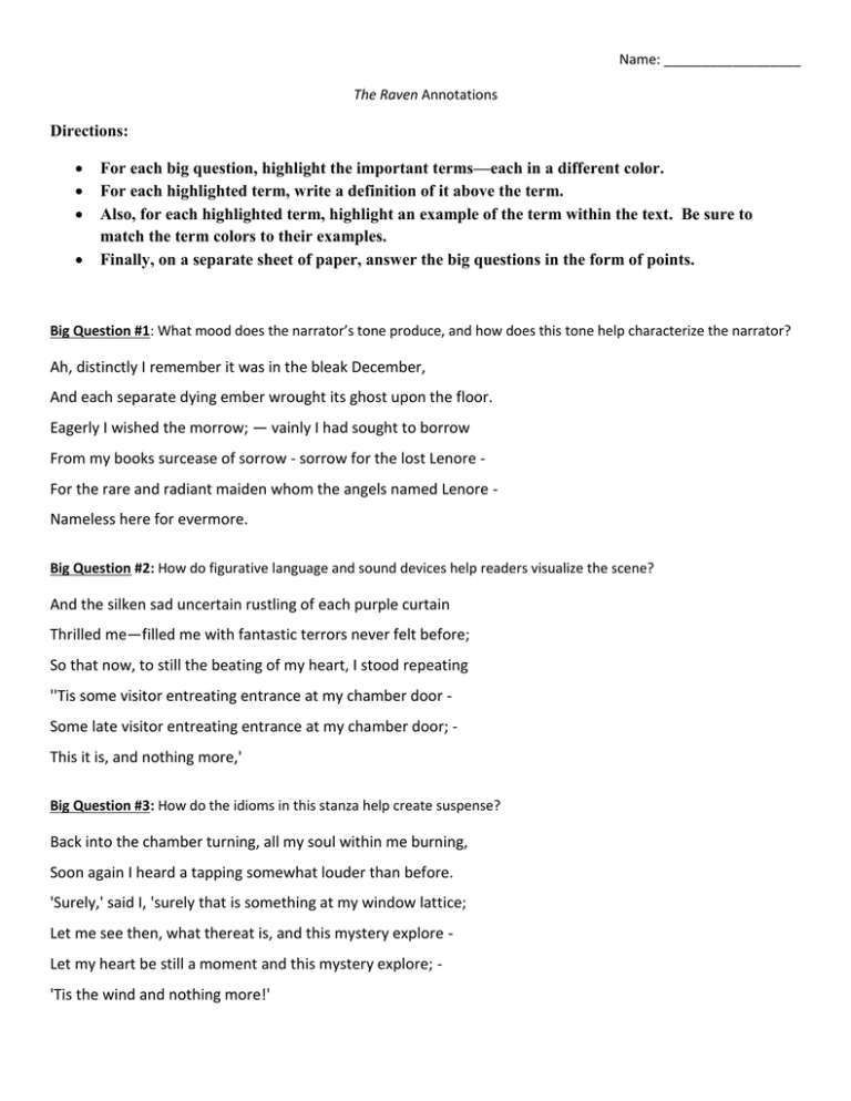 Annotation sheet for The Raven