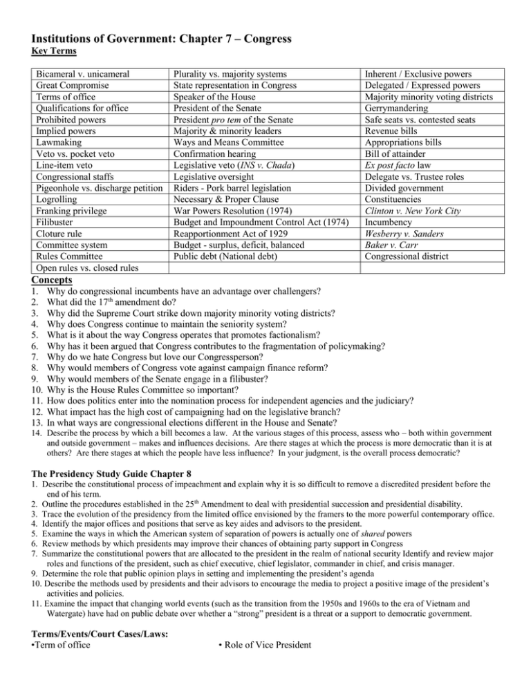 Congress, Presidency, & Bureaucracy Study Guide