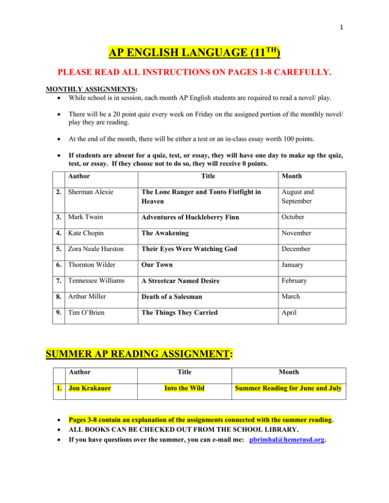 AP English Language Syllabus: Reading List & Assignments